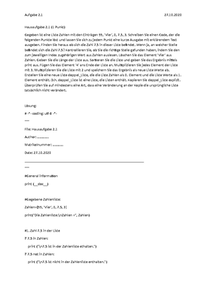 Aufgabe 3.1 (2 - Aufgabe 3 2. Hausaufgabe 3 (1 Punkt) Gegeben ist ein Dictionary Einkaufszettel ...