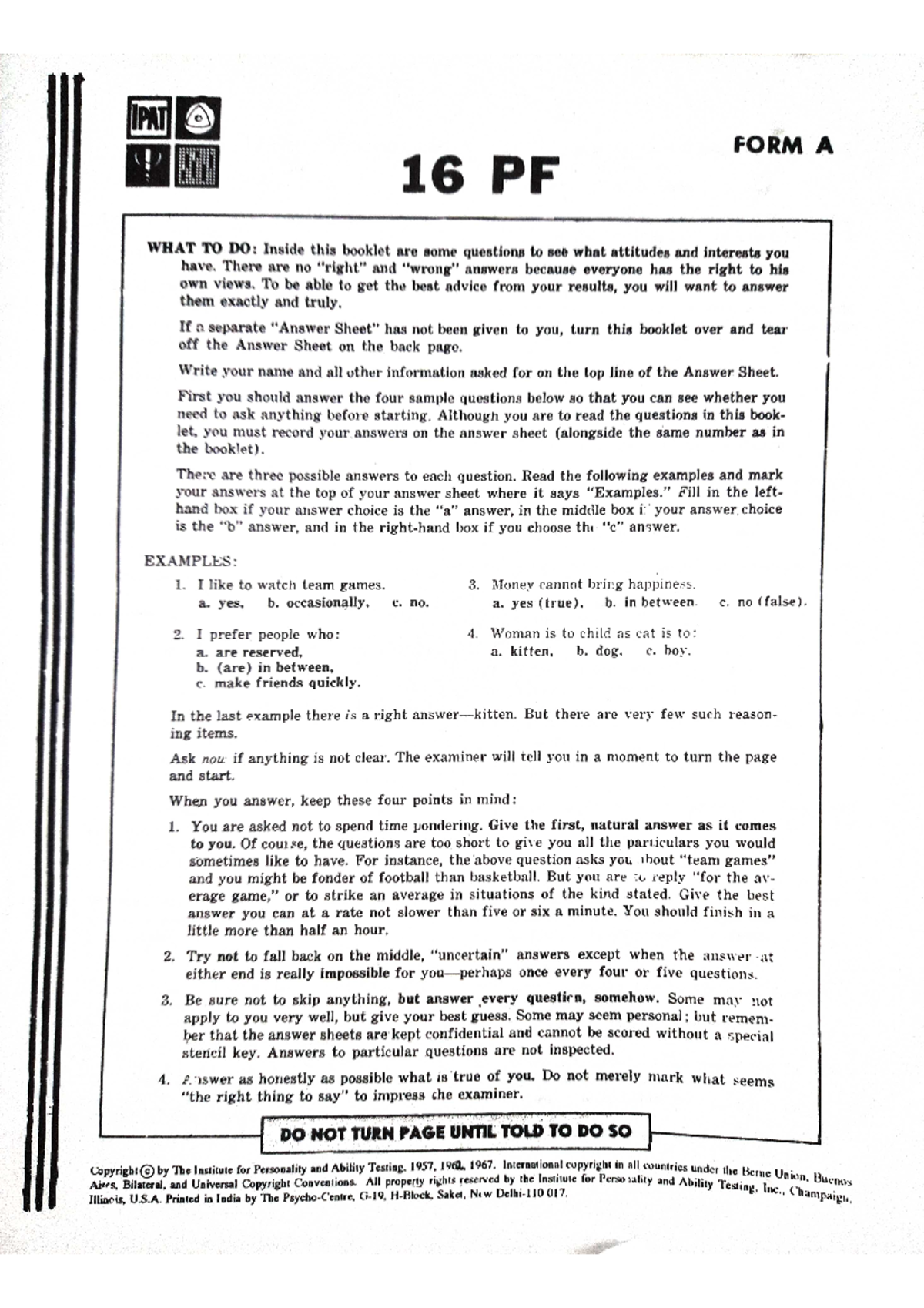 16PF form - practical assignment - IPAT FORM A 16 PF WHAT TO DO: Inside ...