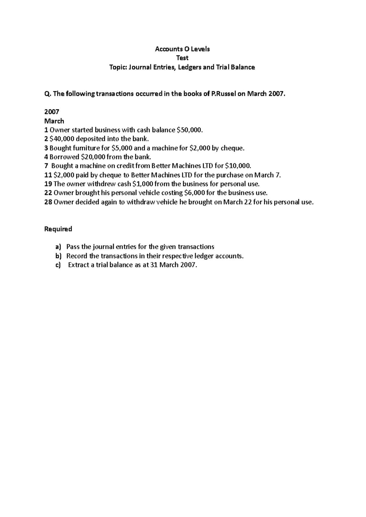 Accounts O1 test (trial balance) - Accounts O Levels Test Topic ...