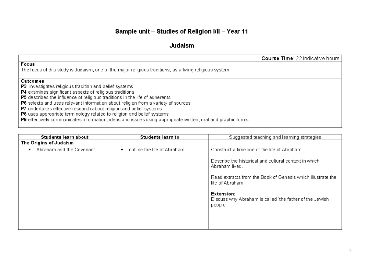 Studies of religion year 11 sample unit judaism - Sample unit – Studies ...