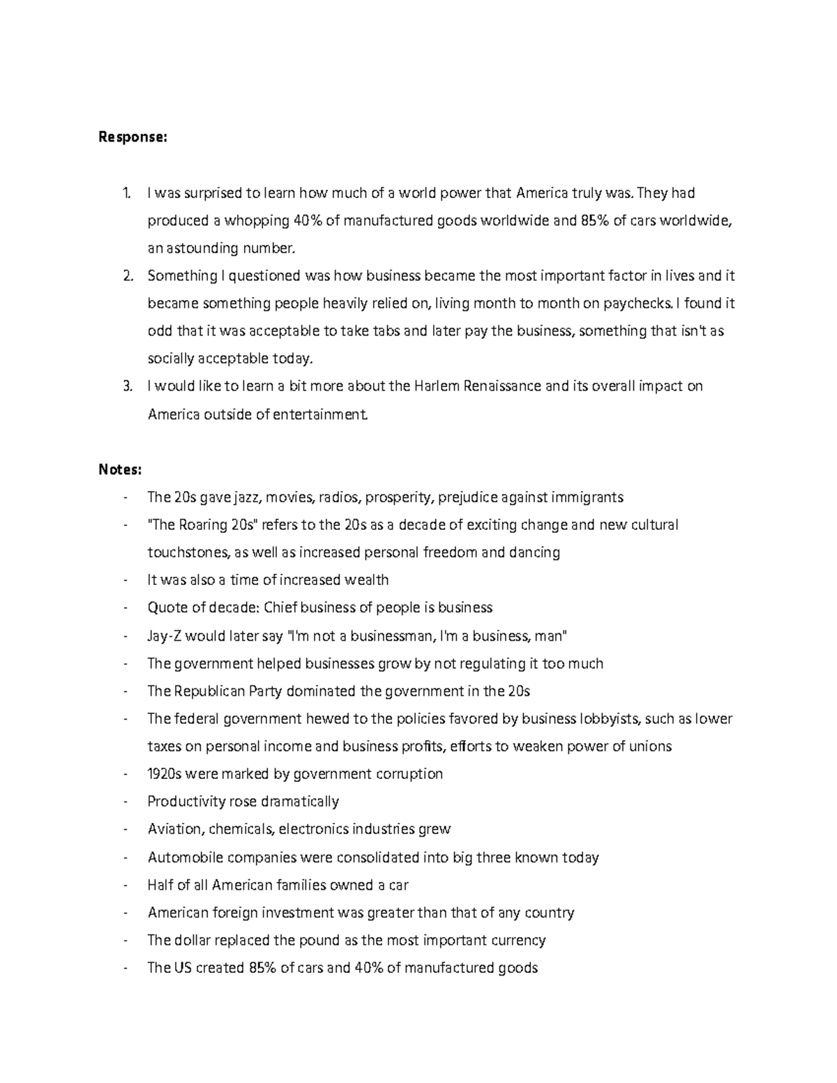 VN The Roaring 20's - Response: I was surprised to learn how much of a ...