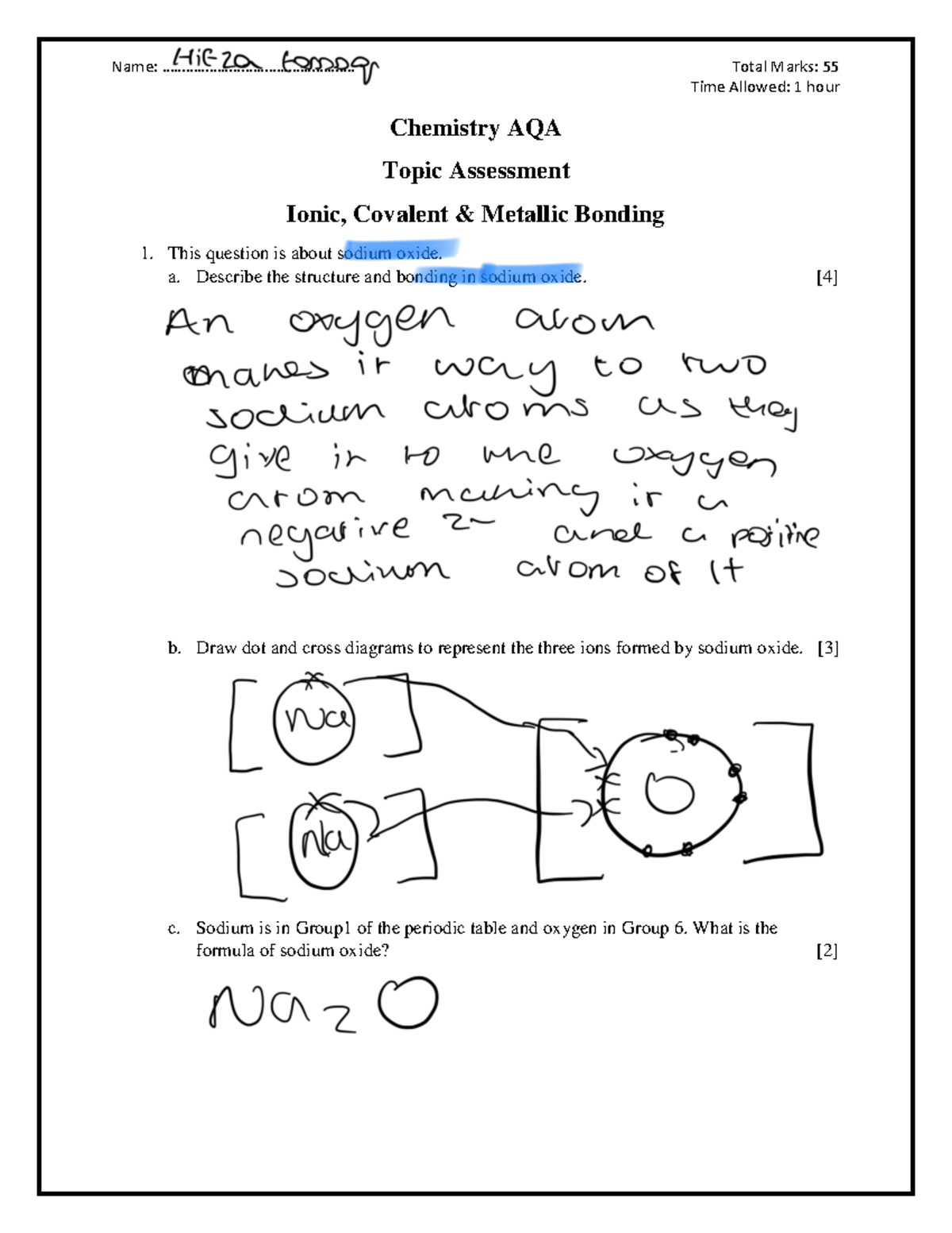 AQA Chemistry - Ionic, Covalent & Metallic Bonding - Name: - Studocu