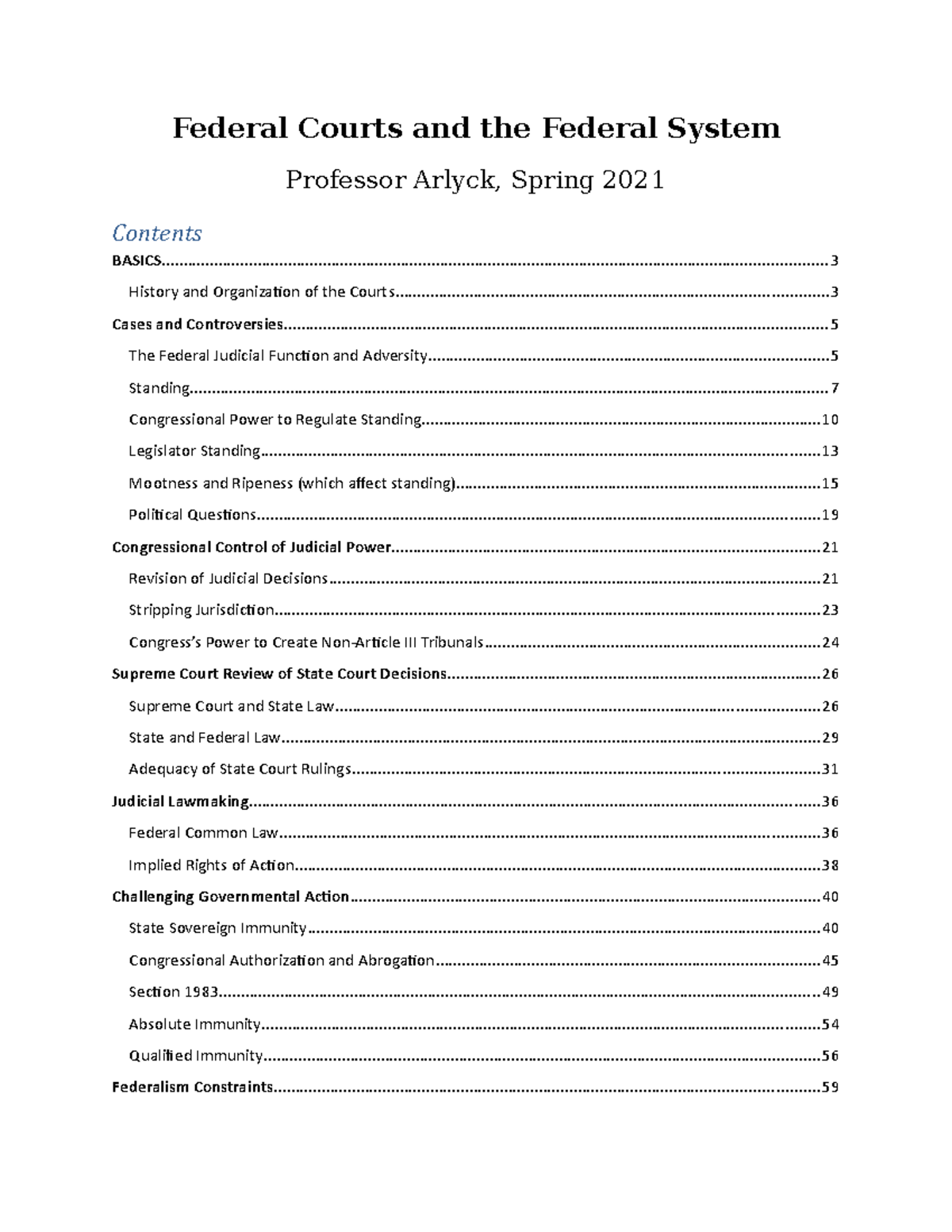 Federal Courts Outline - Spring 2021 - LAWJ 178 - GU - Studocu