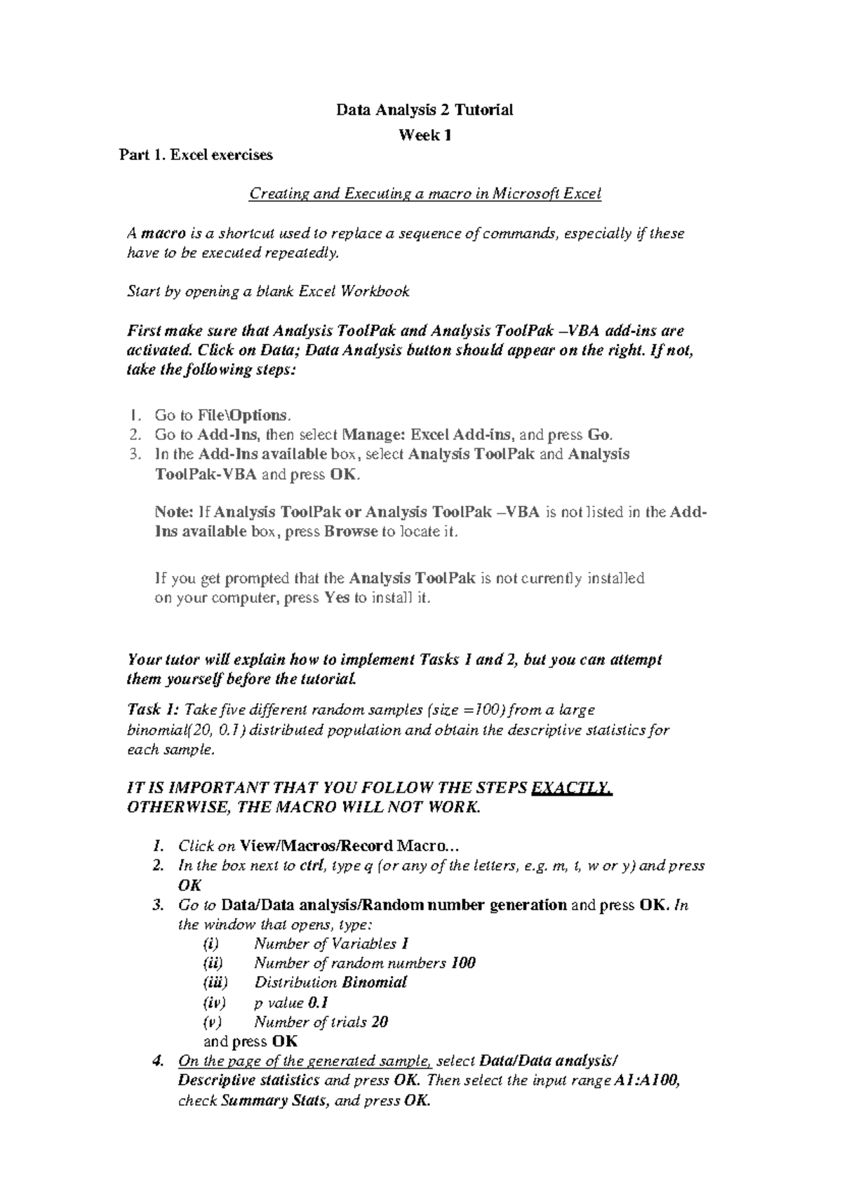 EC1011 week1 lab solutions - Data Analysis 2 Tutorial Week 1 Part 1. Excel exercises Creating ...