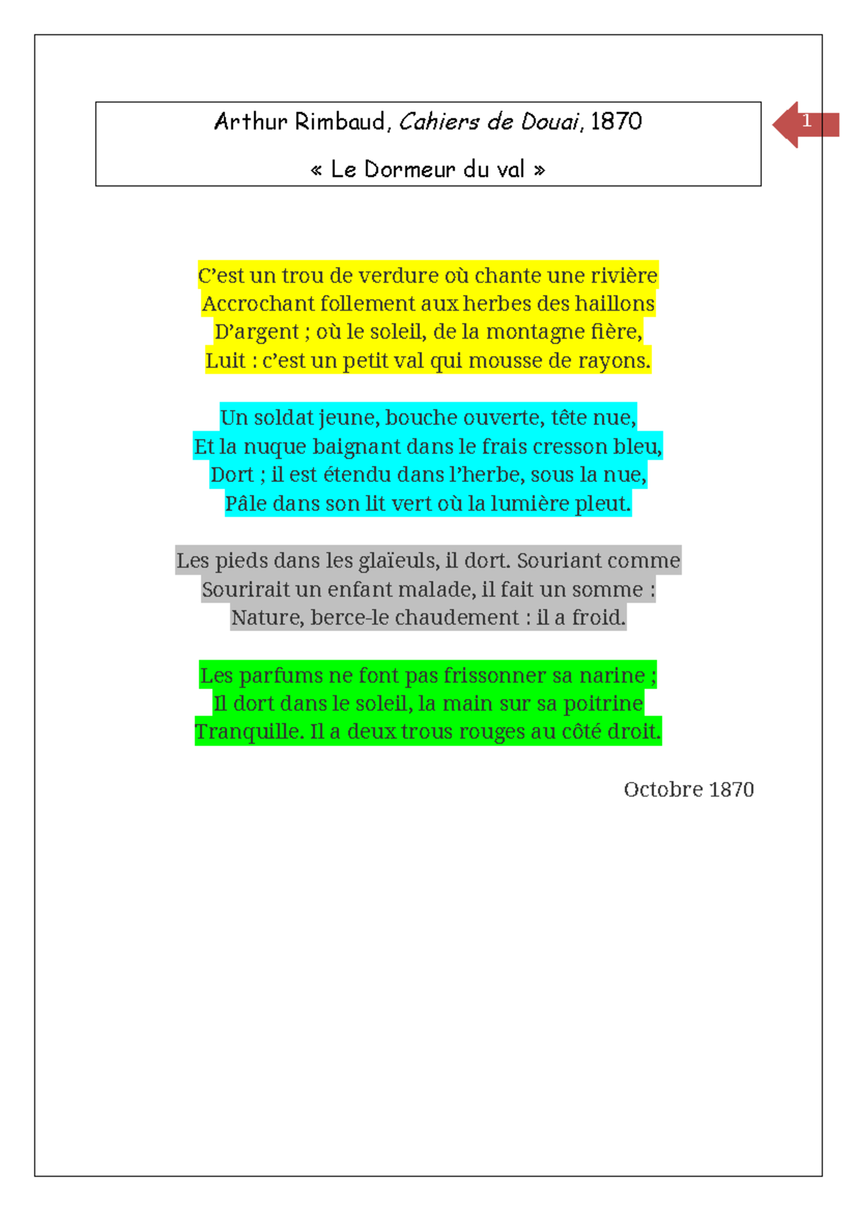 Arthur Rimbau 1 Le Dormeur du Val - Arthur Rimbaud, Cahiers de Douai ...