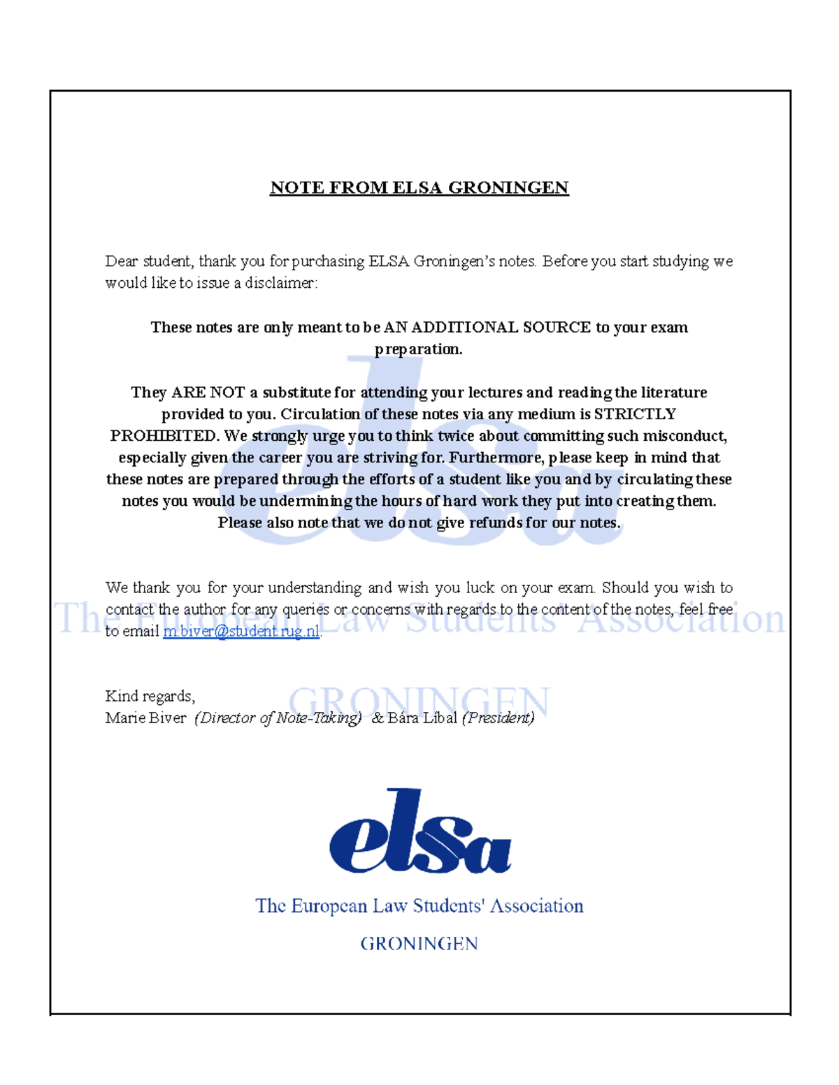 ELSA - LLS Notes (1) 2 - elsa lls - NOTE FROM ELSA GRONINGEN Dear ...