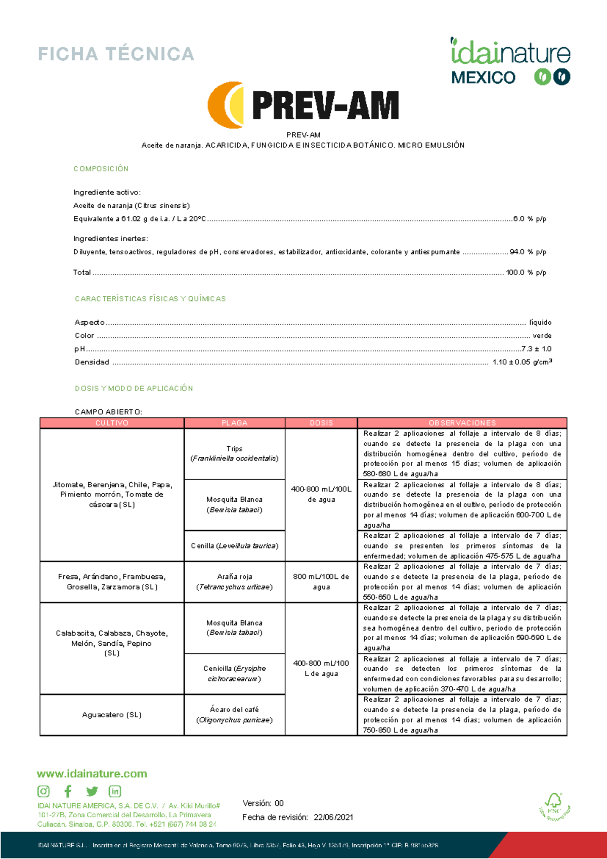 FT Prev-am-1 - pre-am ficha tecnica - Versión: 0 0 Fecha de revisión ...