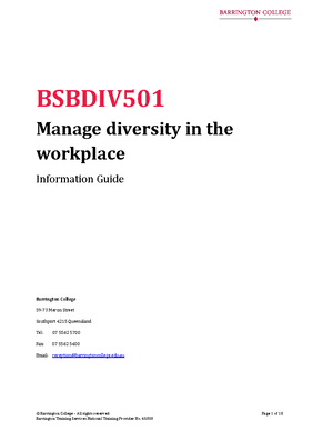 Bsbdiv 501 Manage Diversity in the Workplace Assessments 1 and 2 - BSBDIV501 – Manage Diversity ...