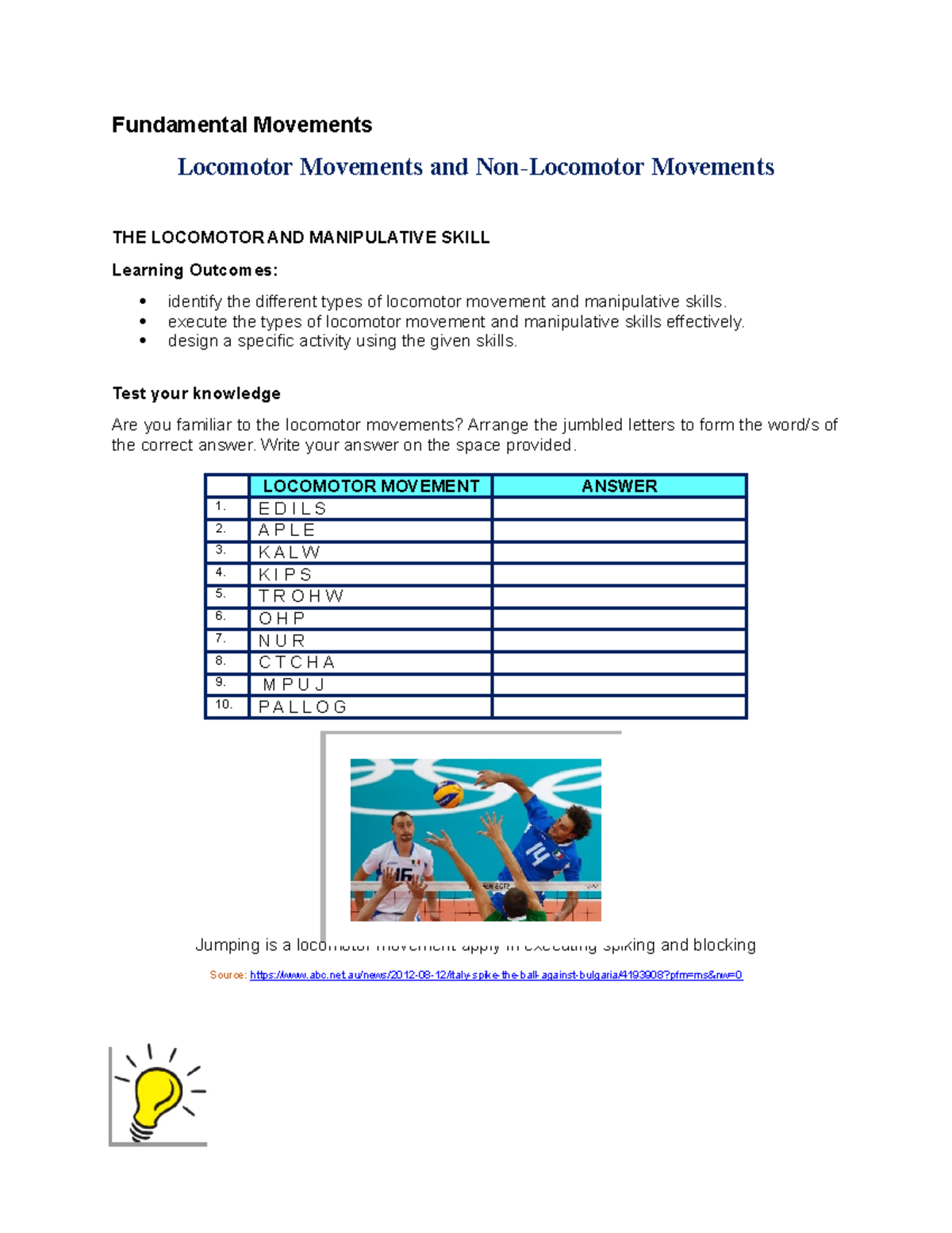 Lesson 2 Fundamental Movements - Fundamental Movements Locomotor ...
