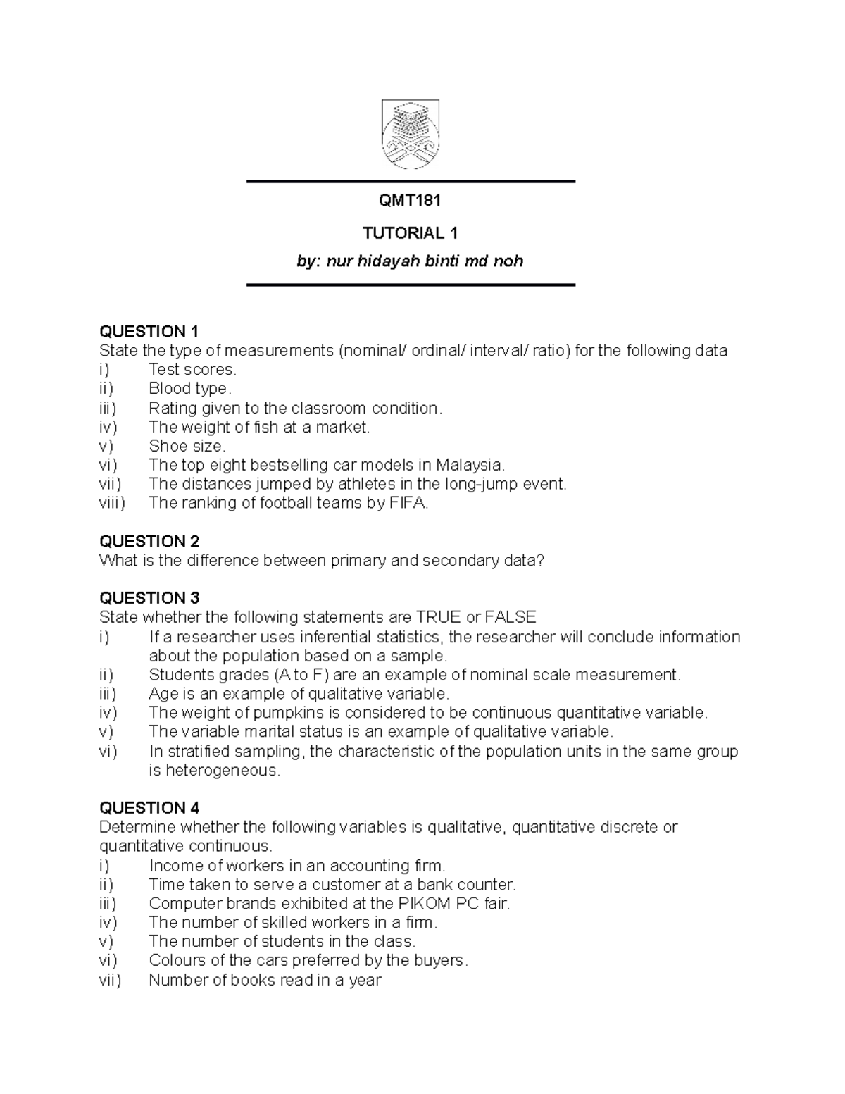 Tutorial Chapter 1 FIN242 - QMT TUTORIAL 1 by: nur hidayah binti md noh ...