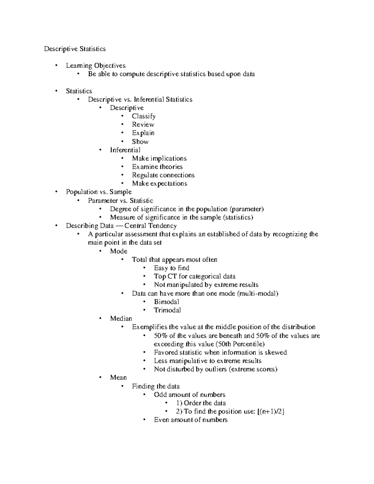 Stats Notes 7 - Descriptive Statistics Learning Objectives Be able to ...