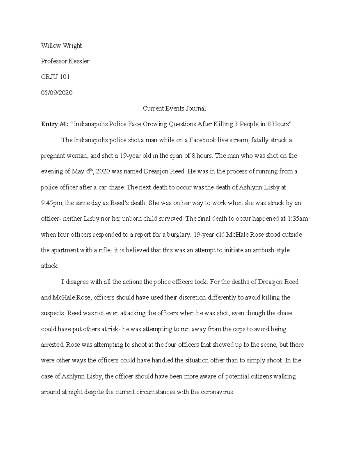 Current Events Journal Assignment - Willow Wright Professor Kessler ...