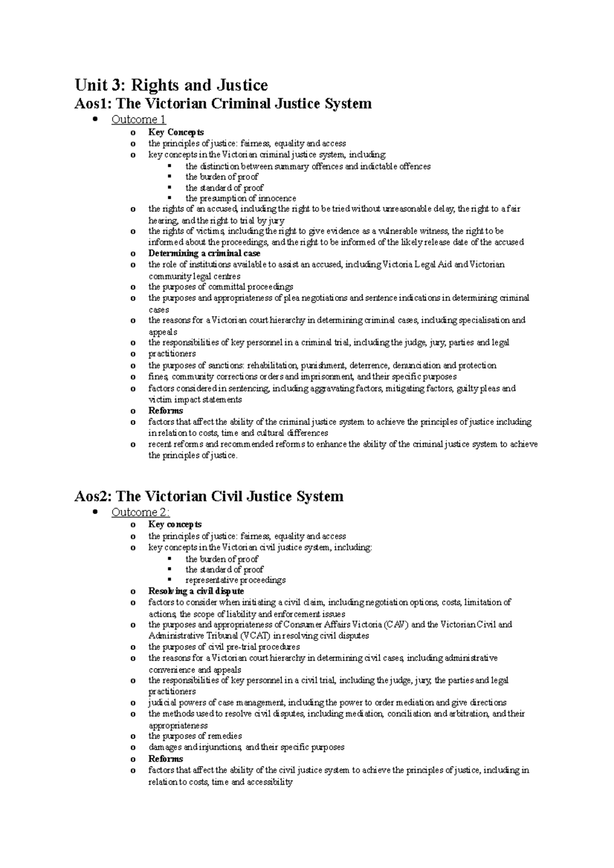 Legal Studies - Study Design - Unit 3: Rights and Justice Aos1: The ...