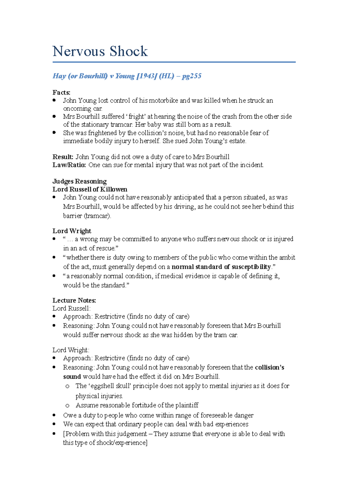 Nervous Shock - Notes - Nervous Shock Hay (or Bourhill) v Young [1943 ...