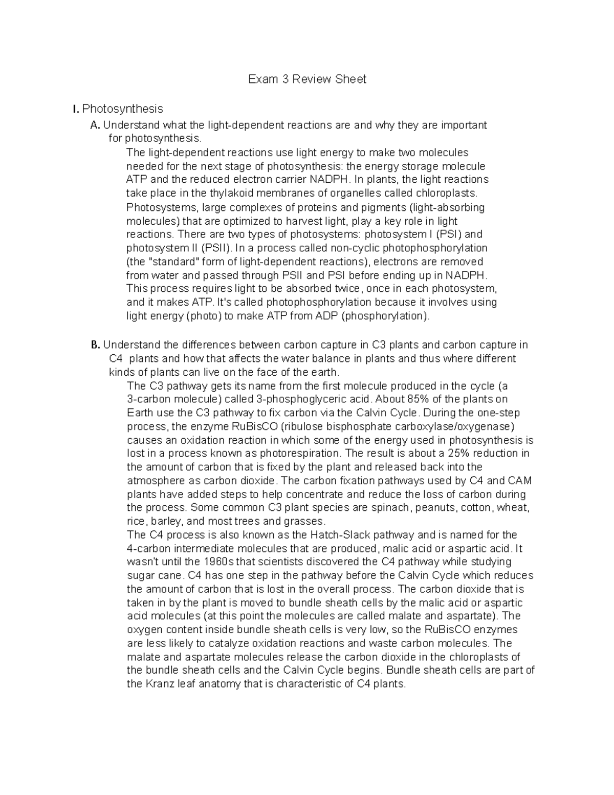 Exam 3 Review Sheet - Exam 3 Review Sheet I. Photosynthesis A ...