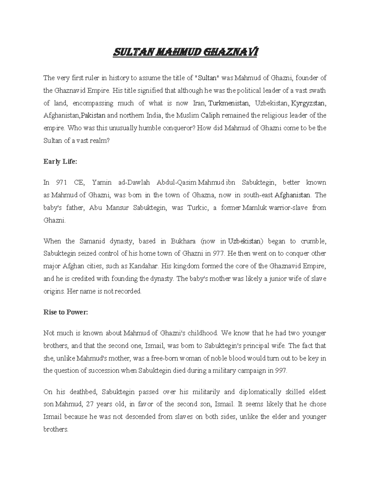 Unit 1 Mehmood Ghaznavi - Sultan MahMud Ghaznavi The very first ruler ...