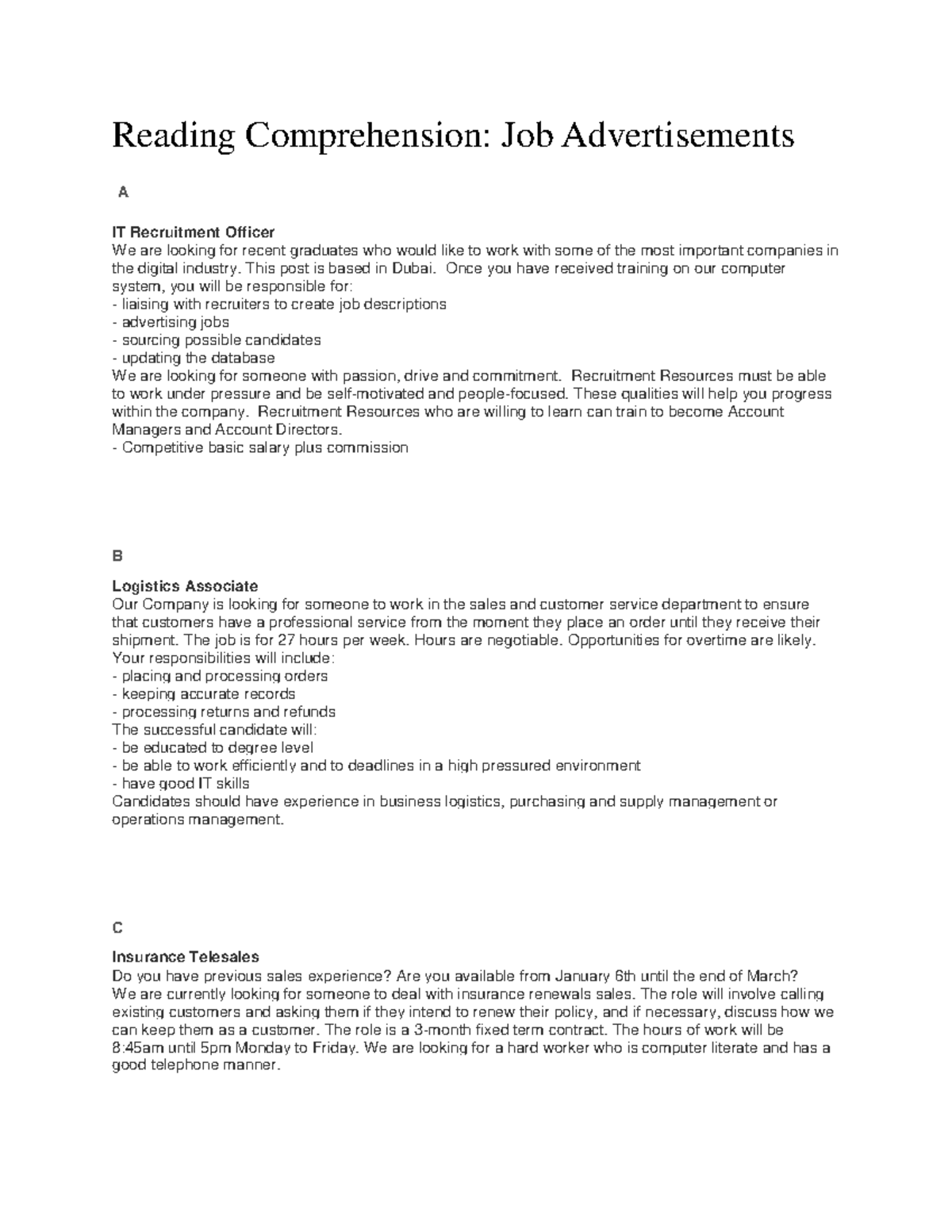 Reading Comprehension job adverts - Reading Comprehension: Job ...