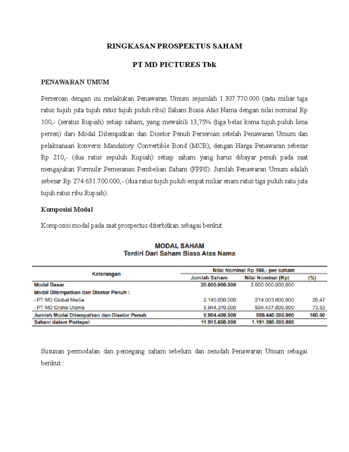 Prospektus Saham PT MD Pict - RINGKASAN PROSPEKTUS SAHAM PT MD PICTURES ...