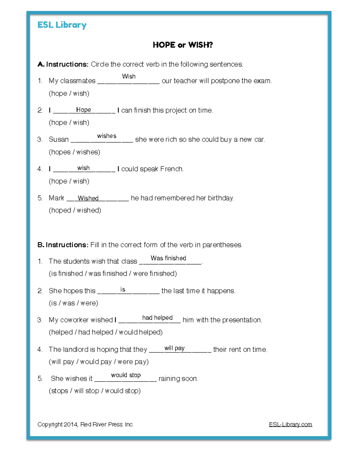 Hope-Vs.-Wish-Practice Nahomy - ESL Library ! HOPE or WISH? ! A ...