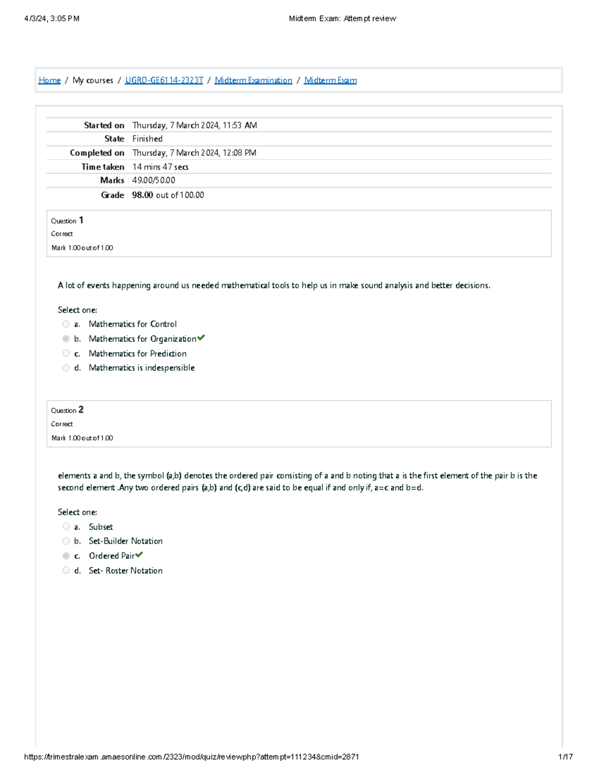 Midterm Exam Math Mon - Home / My courses / UGRD-GE6114-2323T / Midterm Examination / Midterm ...