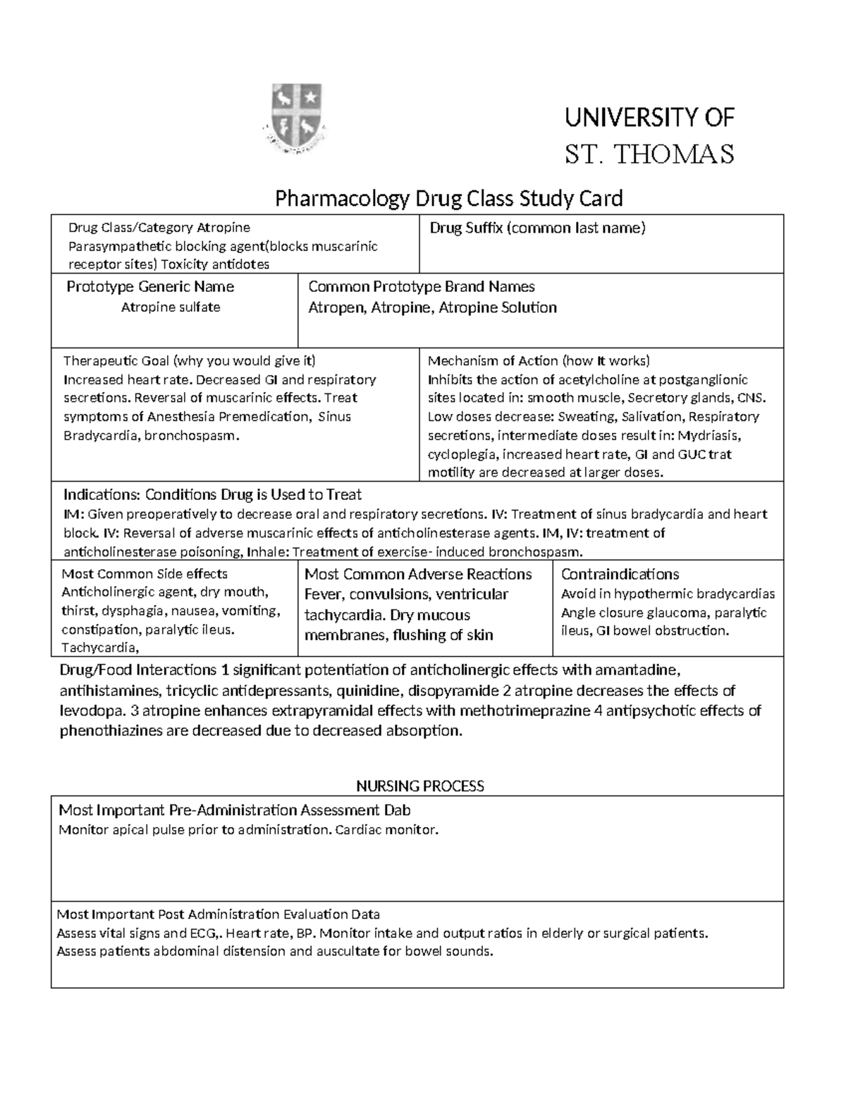 Atropine - UNIVERSITY OF ST. THOMAS Pharmacology Drug Class Study Card ...