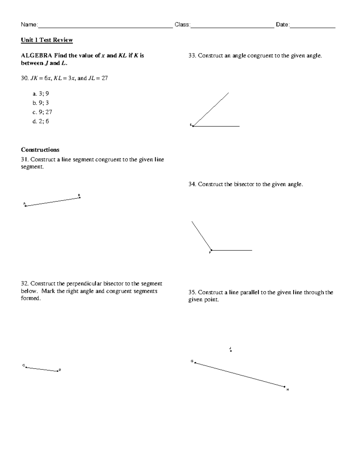 1-1 Points, Lines, and Planes (Practice) - Name: Class: Date: Unit 1 ...