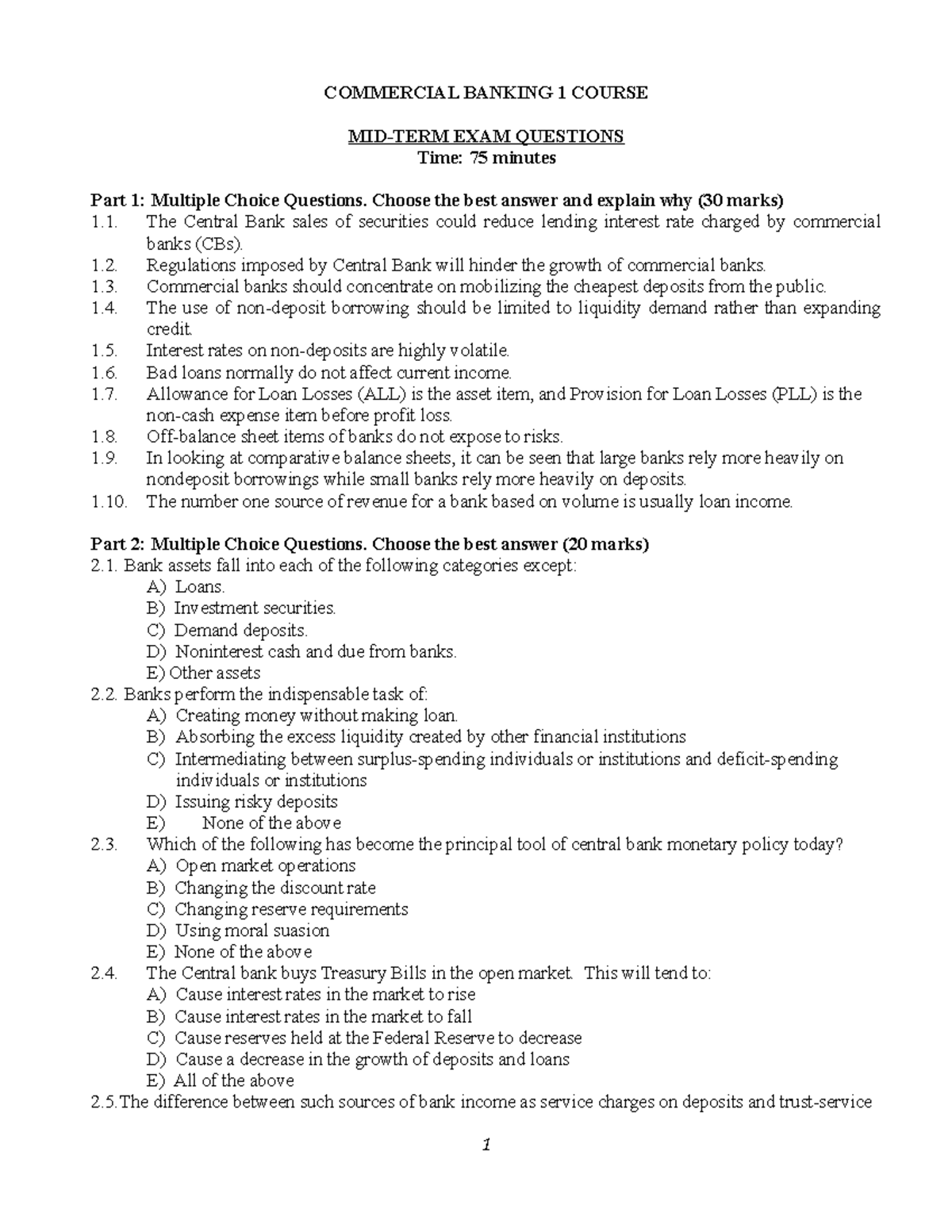 Mini test March 2023.without answer - COMMERCIAL BANKING 1 COURSE MID ...