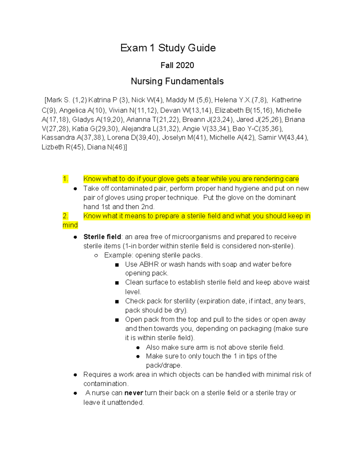 Nursing Fundamentals Exam 1 Study Guide Exam 1 Study Guide Fall 2020