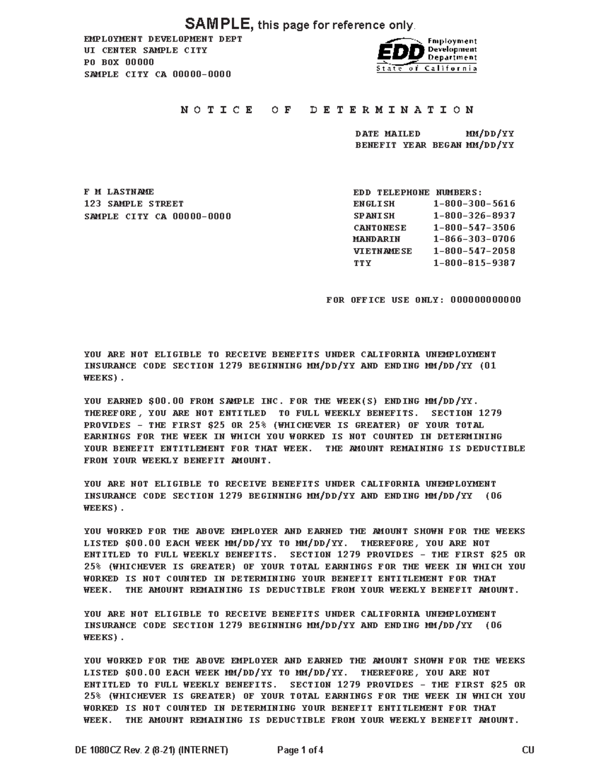 De1080cz - 3-2 activity - EMPLOYMENT DEVELOPMENT DEPT UI CENTER SAMPLE ...