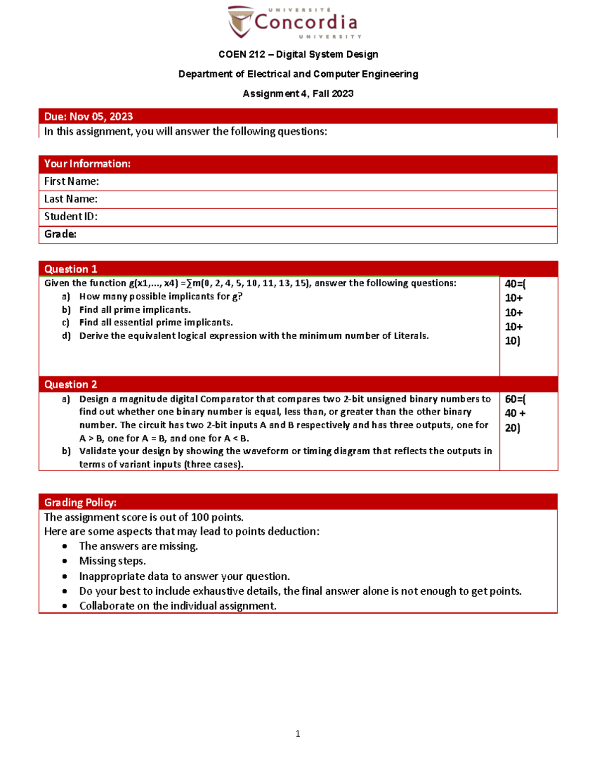 Assignment 4 COEN 212 - Professor Fadi Alzouhri - 1 COEN 212 – Digital System Design Department ...