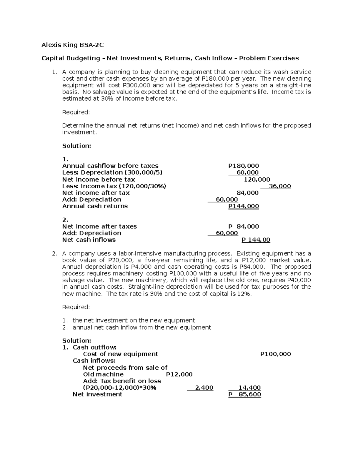 Capital Budgeting - King - Alexis King BSA-2C Capital Budgeting – Net ...