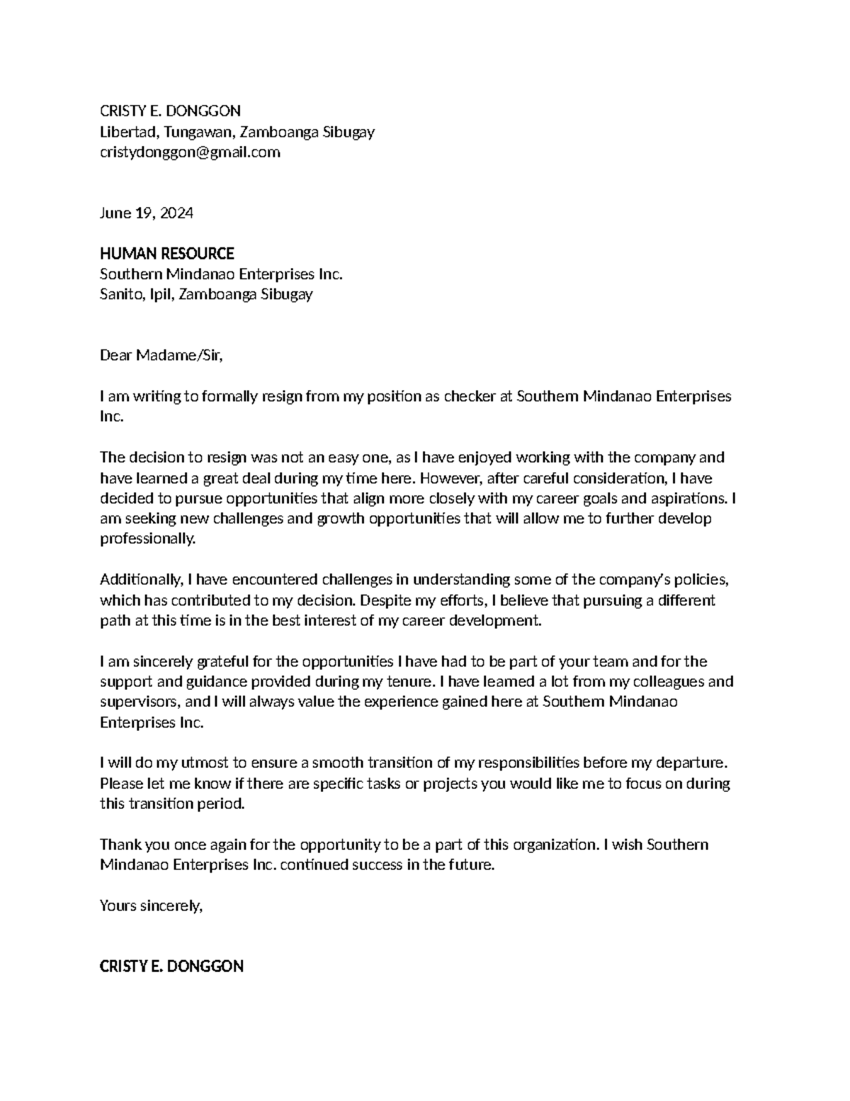 Resignation 084846 - CRISTY E. DONGGON Libertad, Tungawan, Zamboanga Sibugay cristydonggon@gmail ...