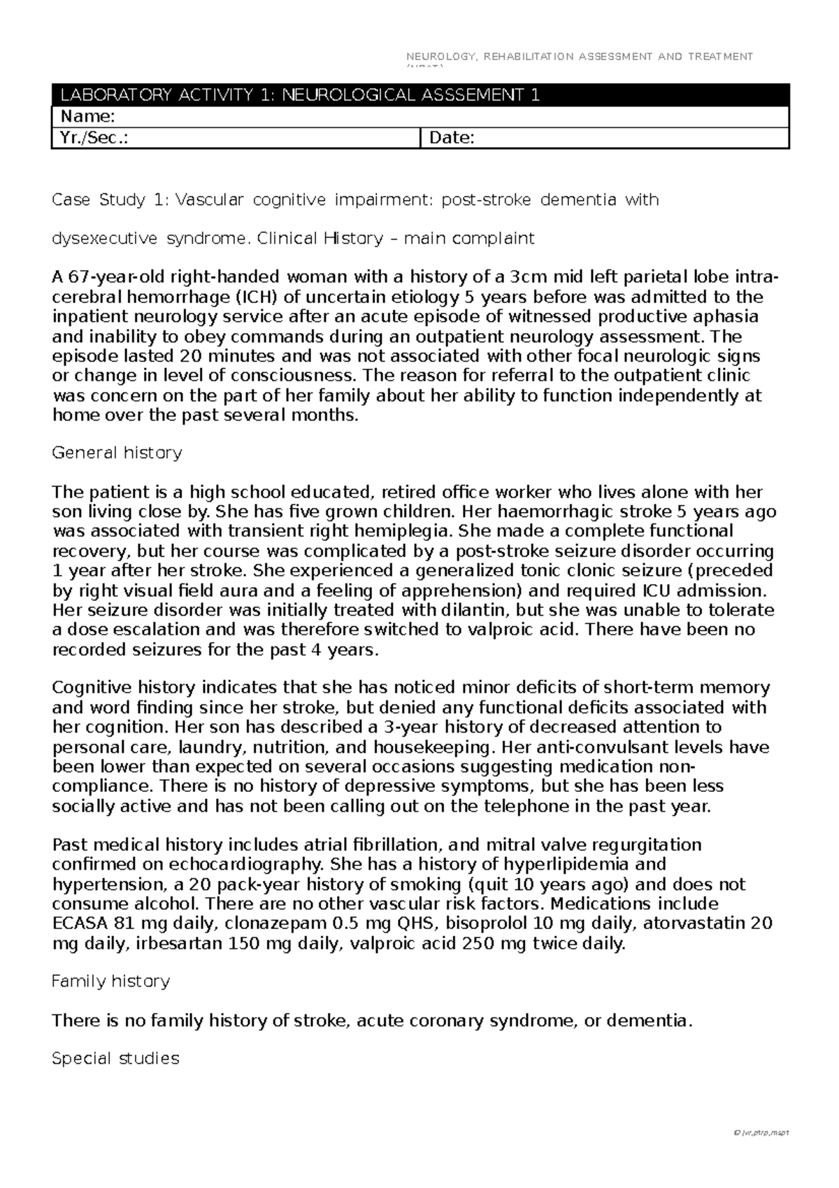 NRAT Laboratory Activity 1-2 - NEUROLOGY, REHABILITATION ASSESSMENT AND ...