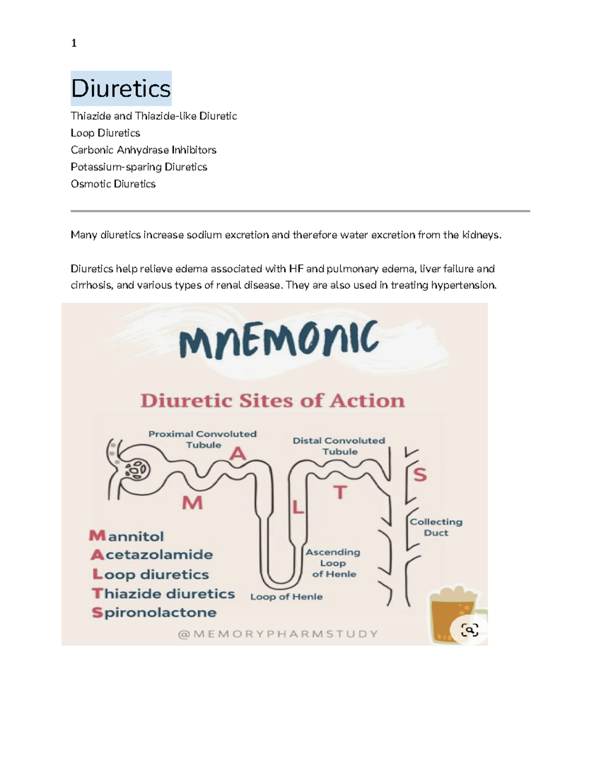 Diuretics - These are notes from the CoursePoint Textbook w/ in class ...