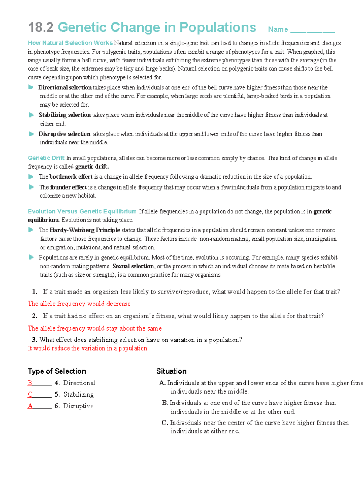18.2 Evolution as Genetic Change Study Guide KEY - 18 Genetic Change in ...
