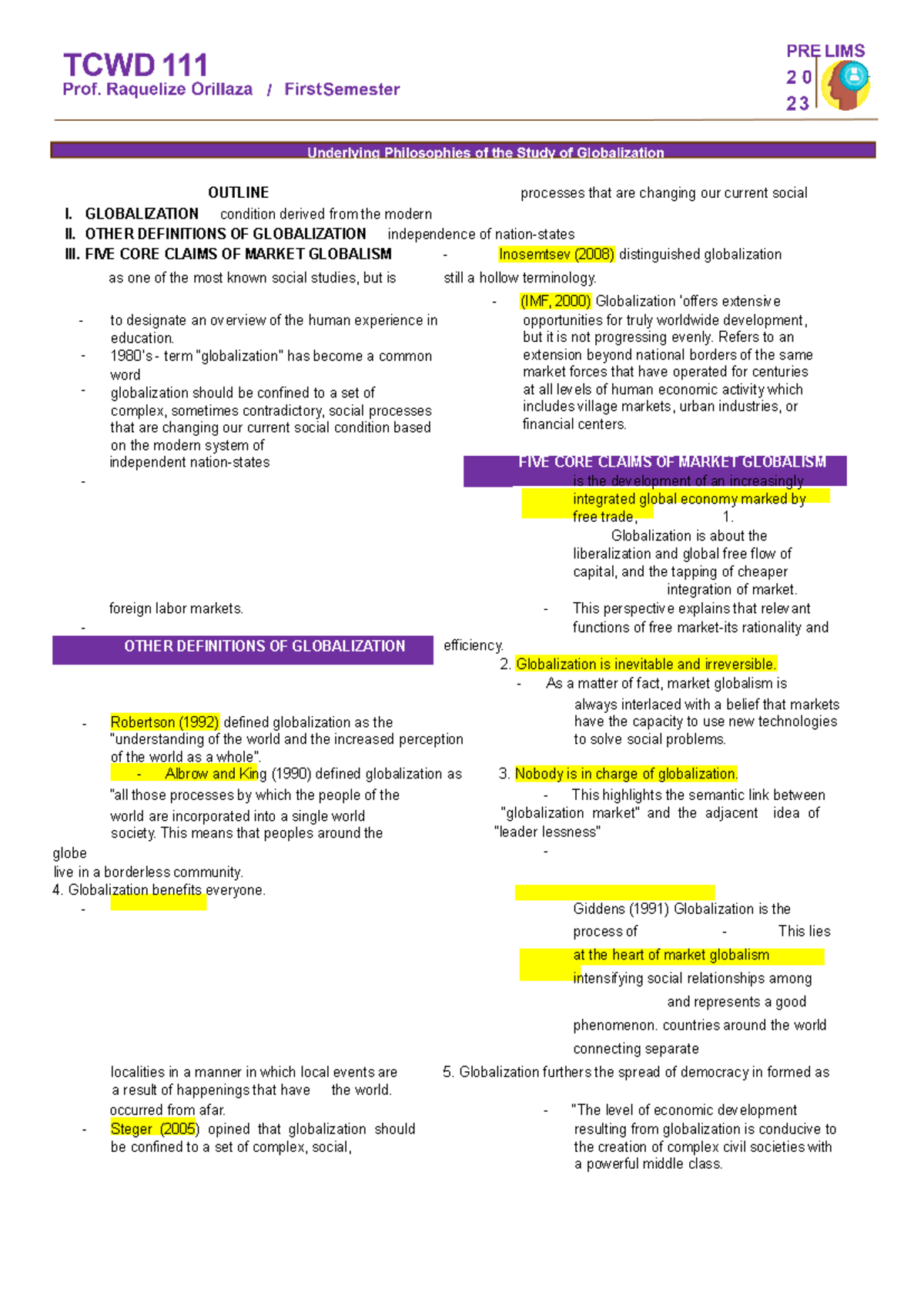 Contemporary world 111 prelims reviewer - OUTLINE processes that are changing our current social ...