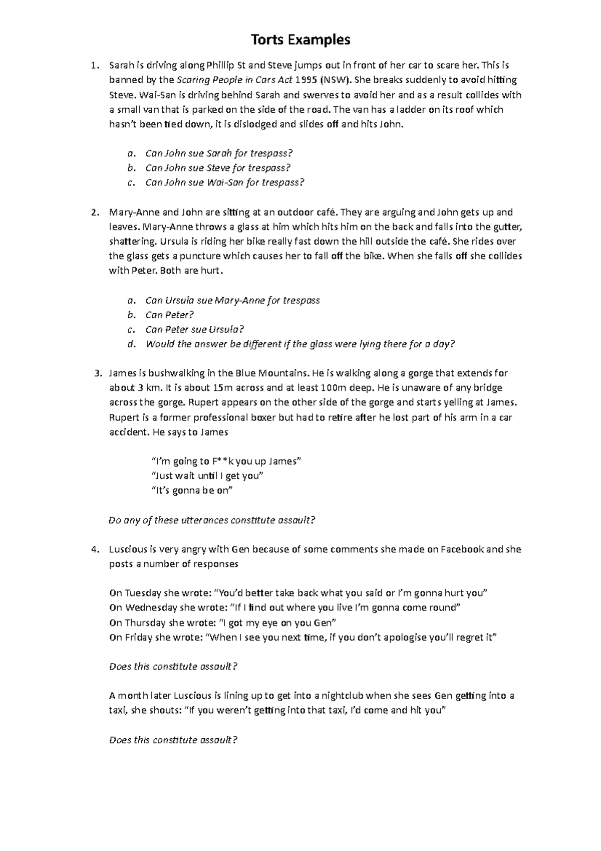 Torts Examples - Battery and Assault - JURD7152 - UNSW Sydney - Studocu