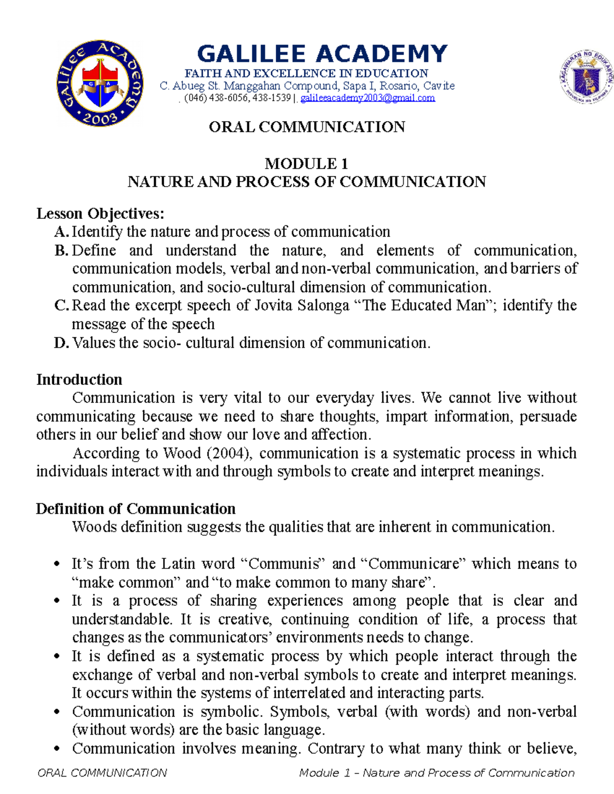 Module 1 - Nature and Process of Communication - GALILEE ACADEMY FAITH ...