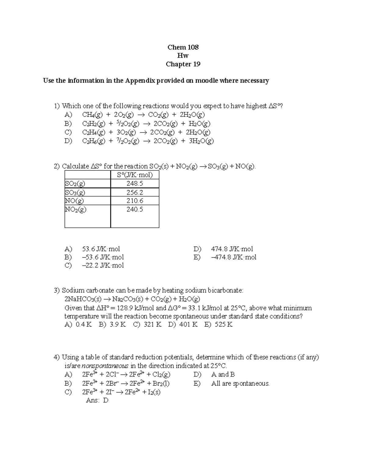 Homework Practice Questions Chapter 19 - Chem 108 Hw Chapter 19 Use the information in the ...