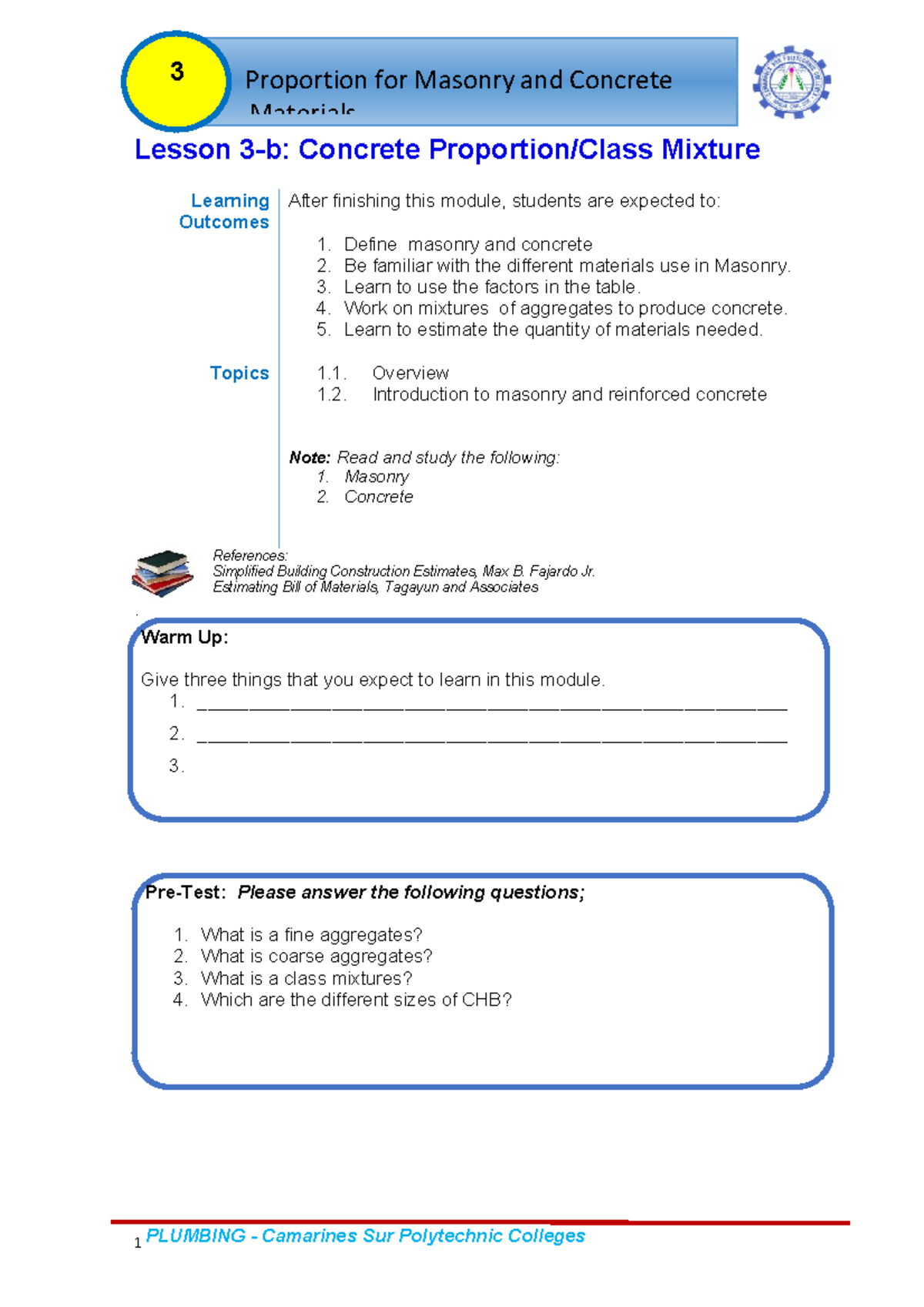 Module 3B Concrete Proportion or Mixture - Proportion for Masonry and ...