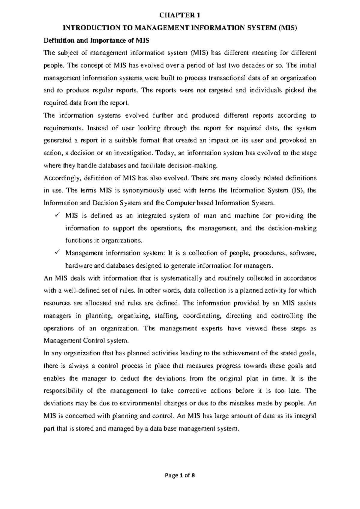 MIS Chapter 1 Note - CHAPTER 1 INTRODUCTION TO MANAGEMENT INFORMATION ...