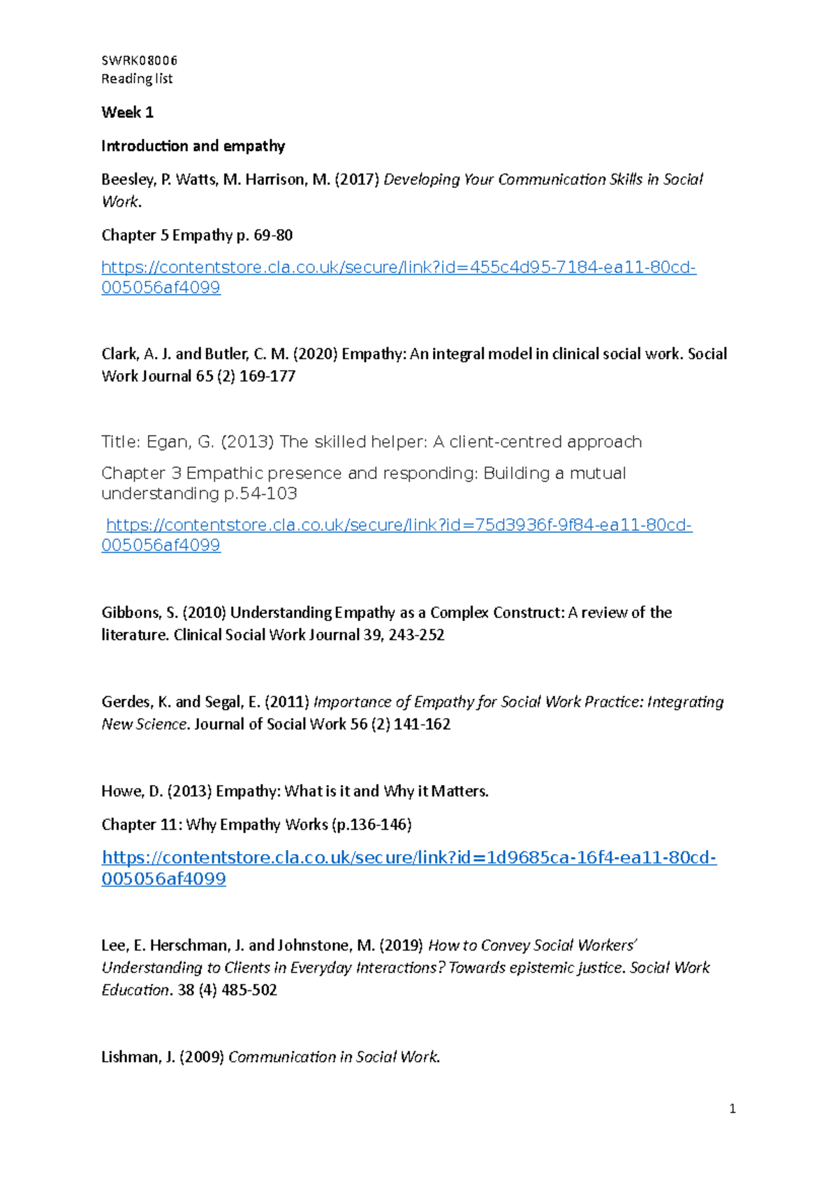 Week 1 Reading - Communication - SWRK Reading list Week 1 Introduction ...