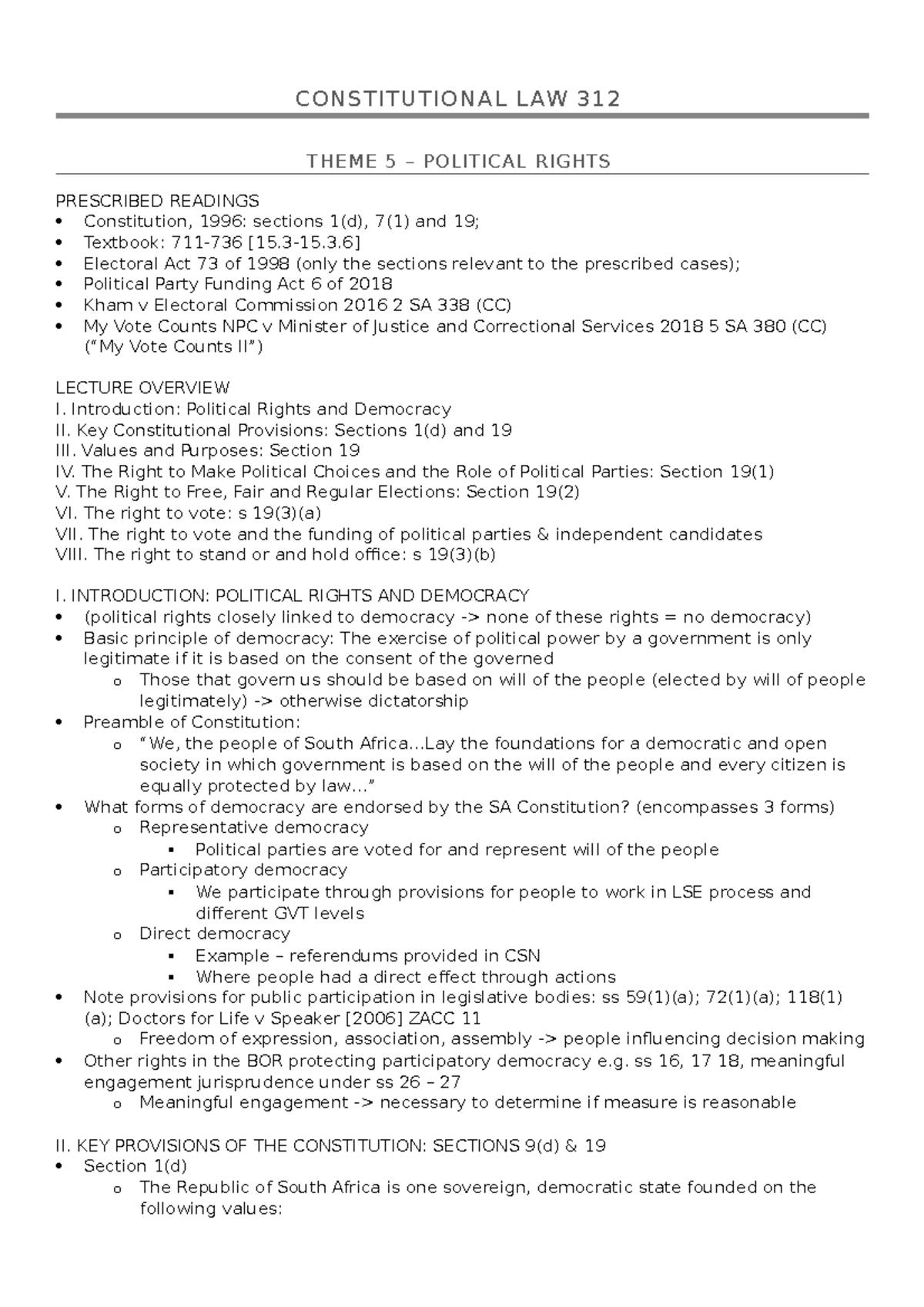 Theme 5 - Political Rights - CONSTITUTIONAL LAW 312 THEME 5 – POLITICAL ...