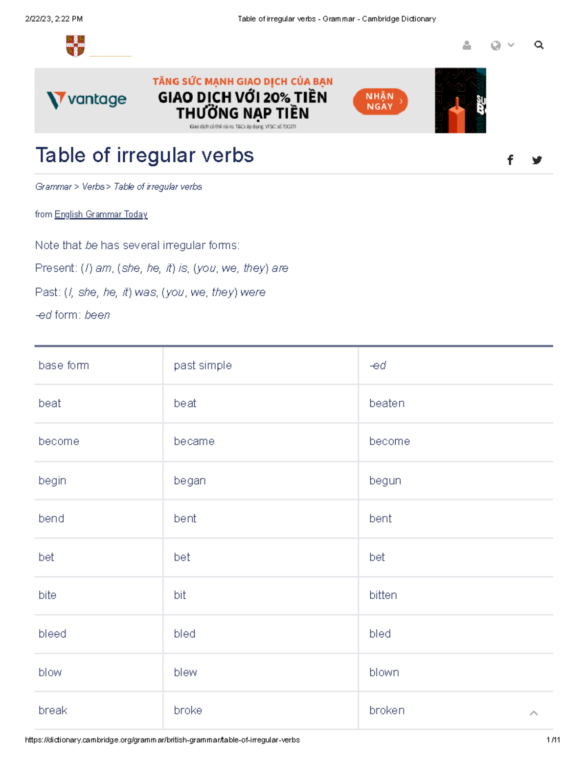 Table of irregular verbs - Grammar - Cambridge Dictionary - Table of ...