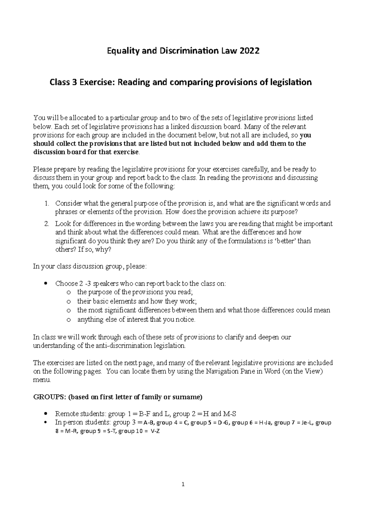 2022 EDL class 3 Exercise with groups - Equality and Discrimination Law ...