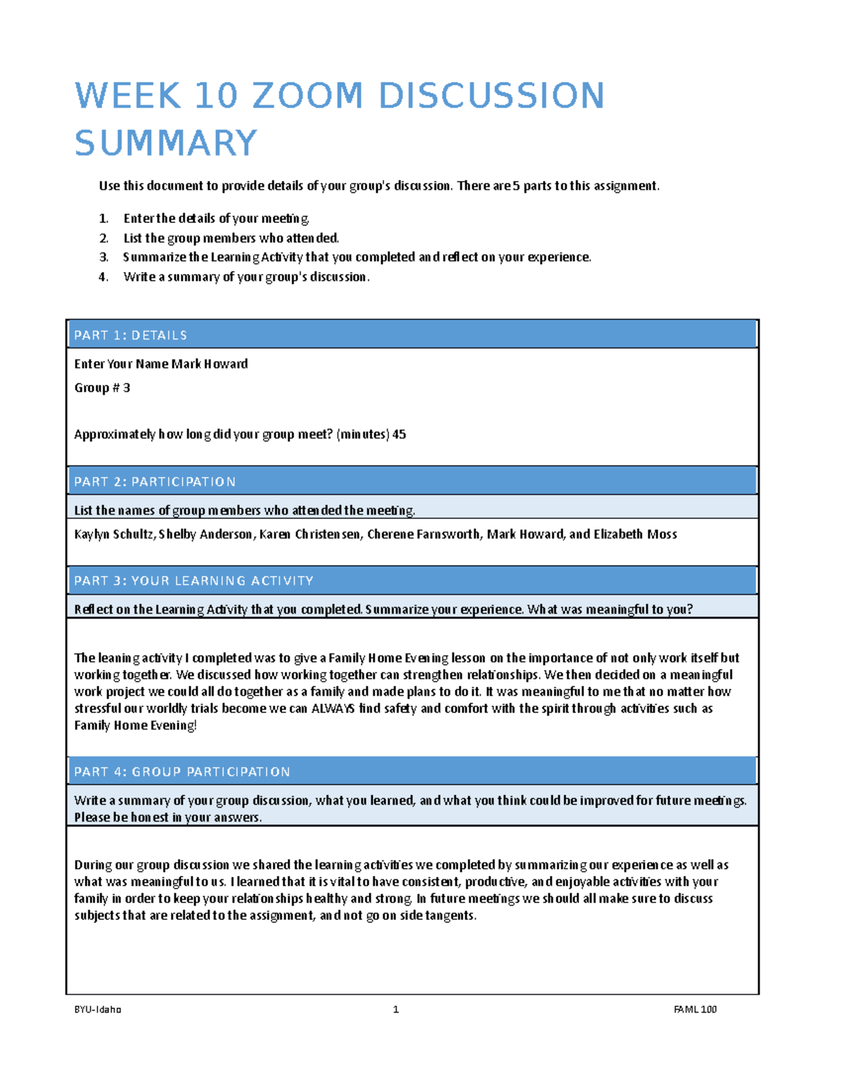 Faml100 document w10Zoom Summary - WEEK 10 ZOOM DISCUSSION SUMMARY Use ...
