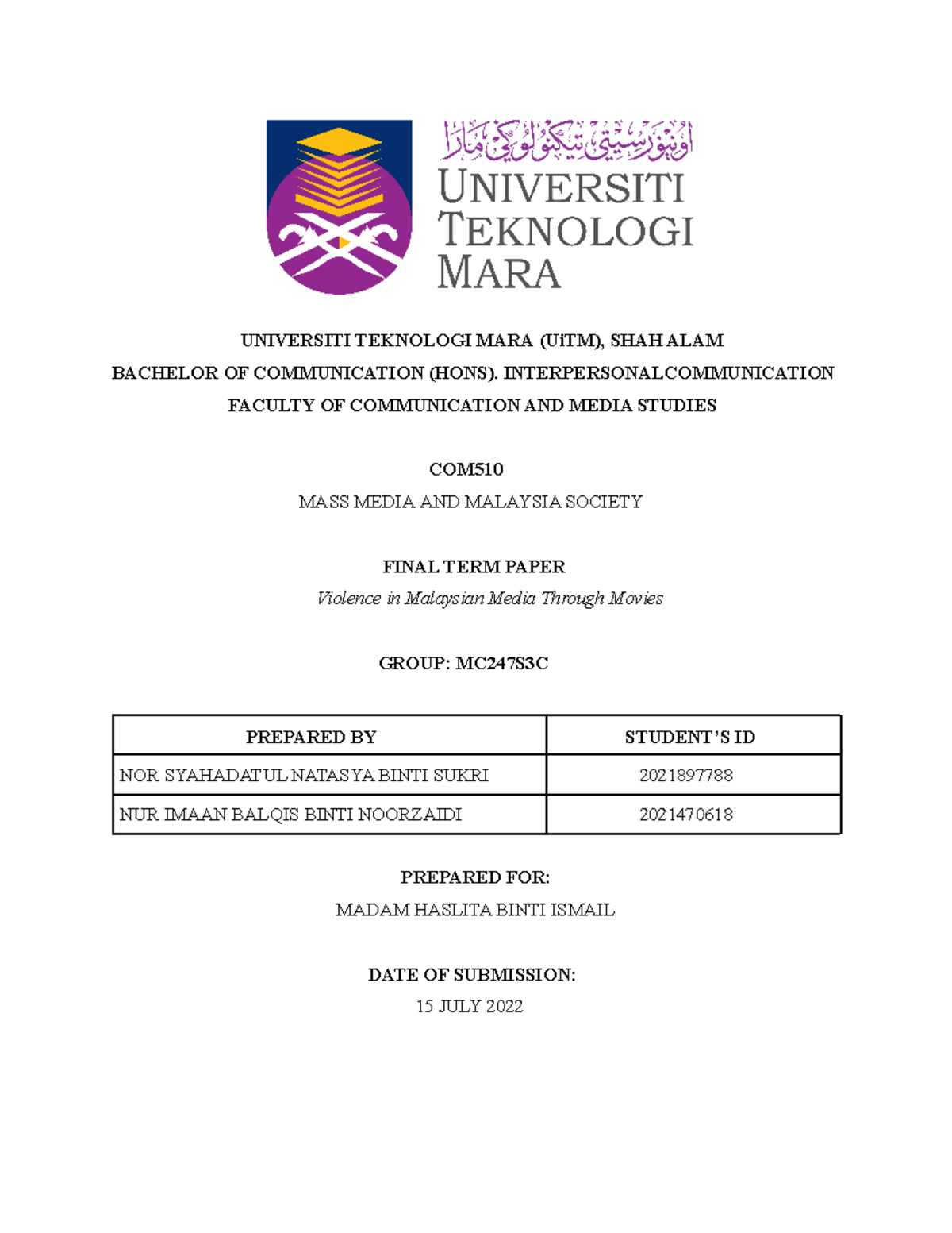 Final TERM Paper COM510 Imaan Balqis & Syahadatul - UNIVERSITI ...