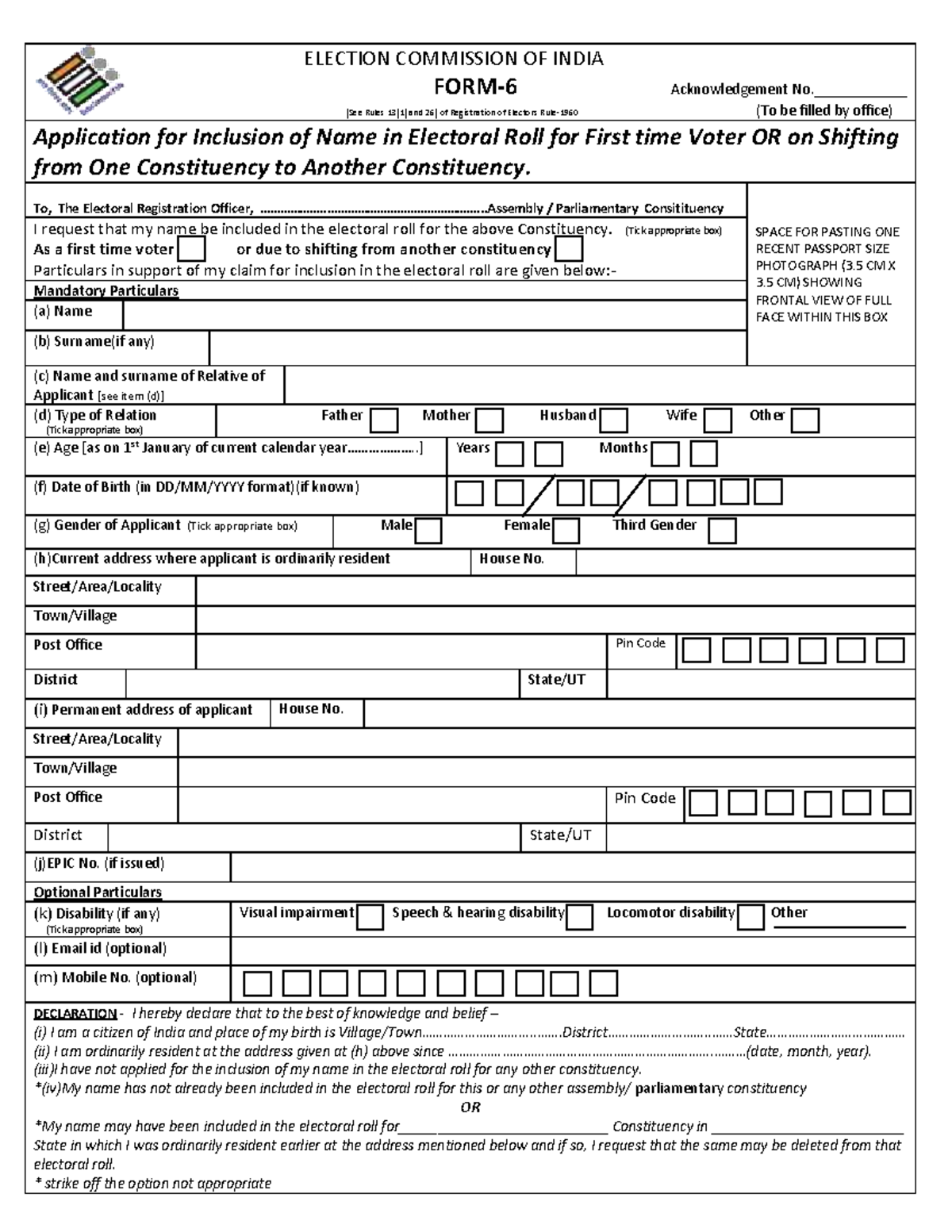 Form-6-Application for inclusion of name in Electoral Roll - ELECTION ...