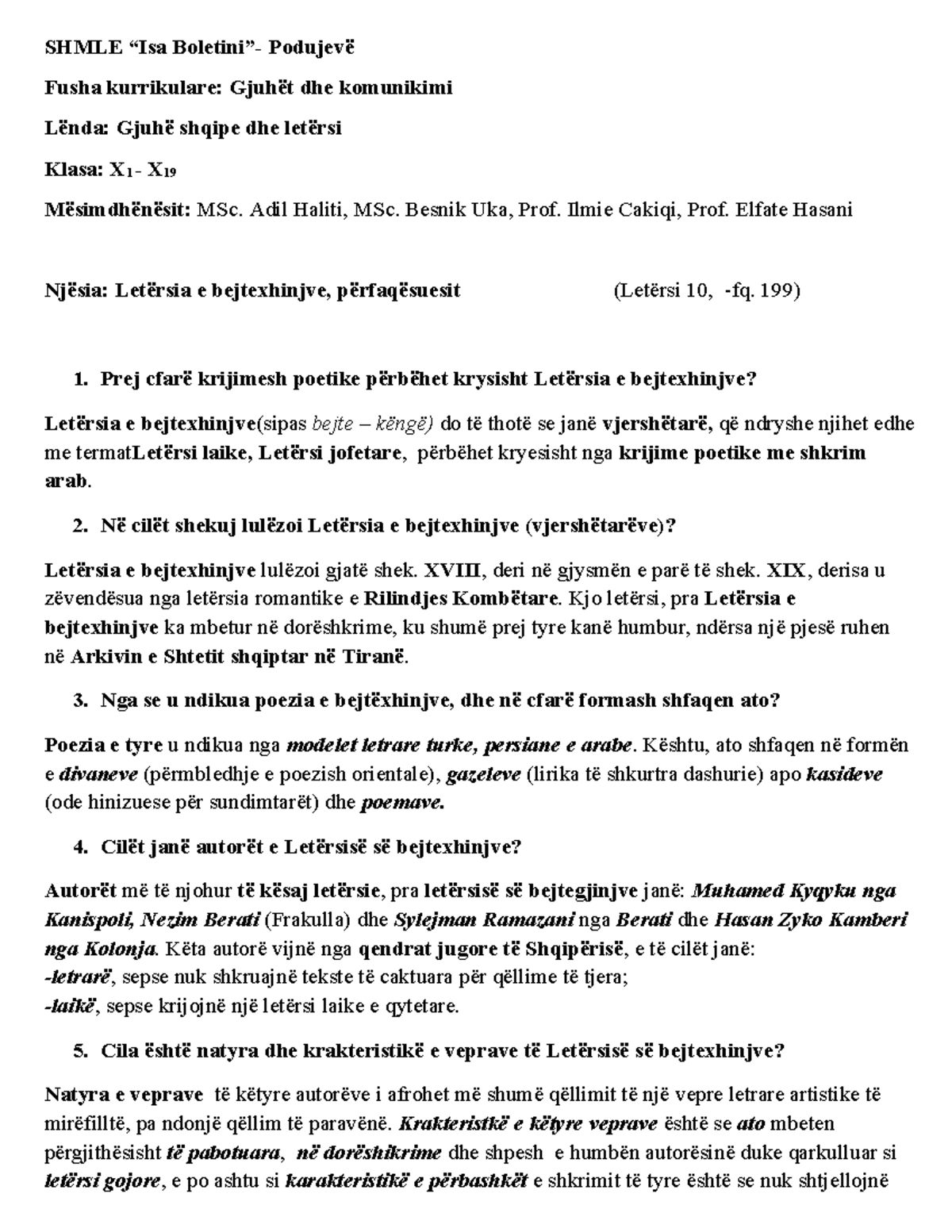 Letersia e bejtexhinjve perfaqesuesit - SHMLE “Isa Boletini”- Podujevë ...