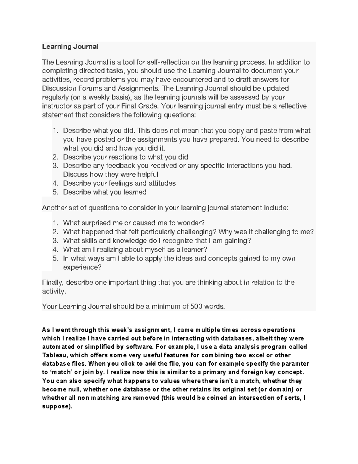 Learning Journal Unit 1 - Learning Journal The Learning Journal is a ...